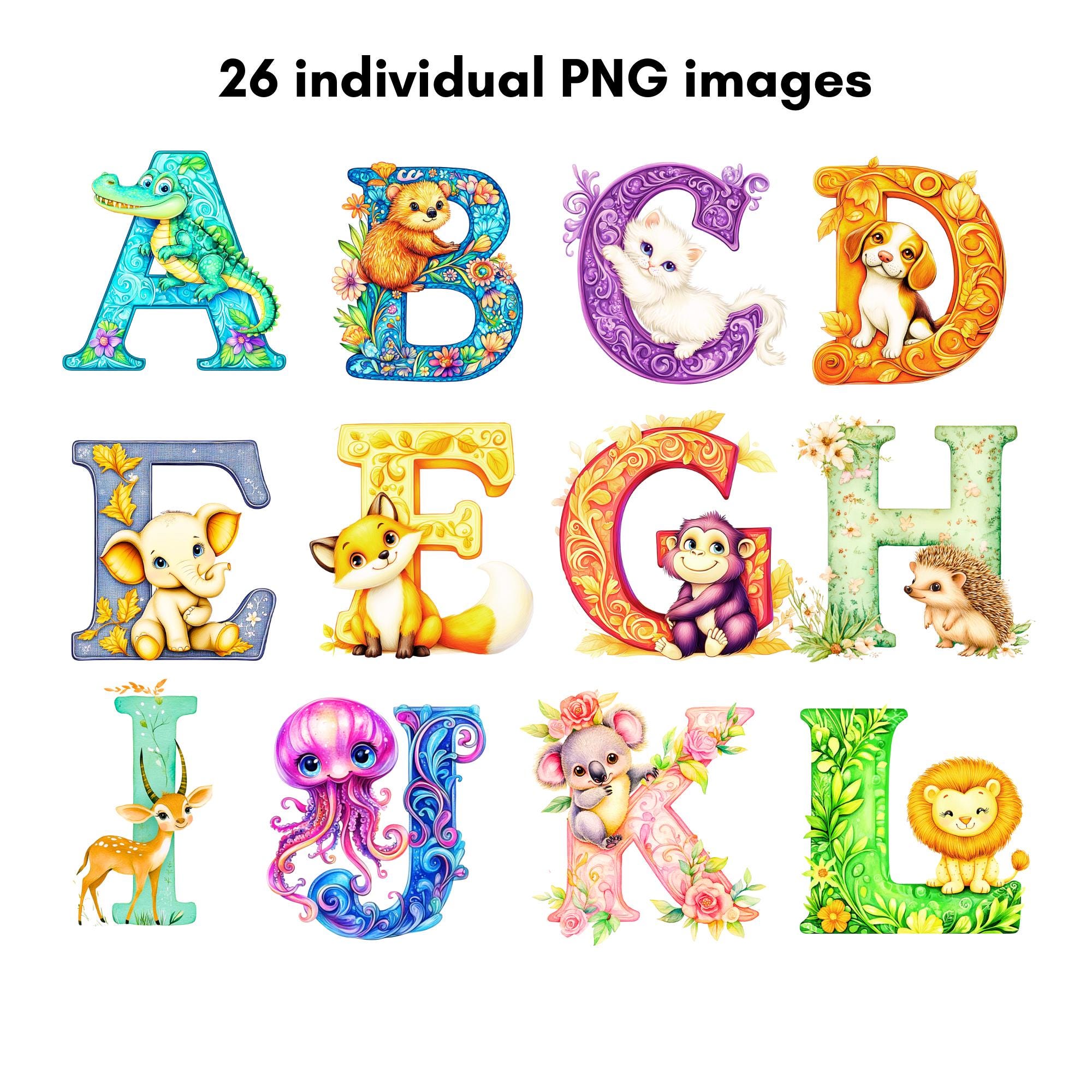 Baby Animal Alphabet Watercolor Clipart: A-Z Nursery Letters (digital ...