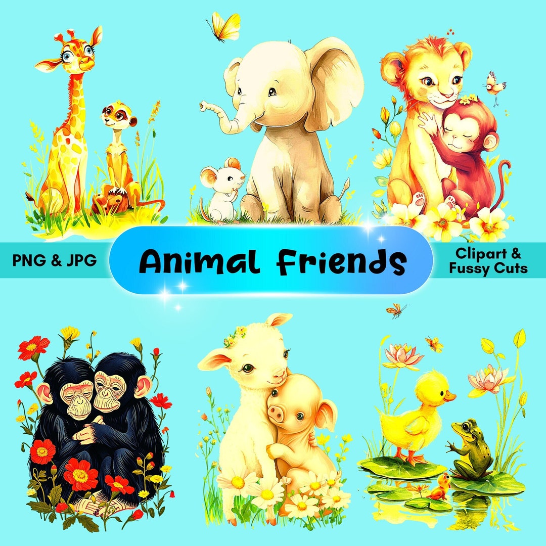 Cute Animal Friends Stickers Clipart Fussy Cuts Elephant Tiger Lemur ...
