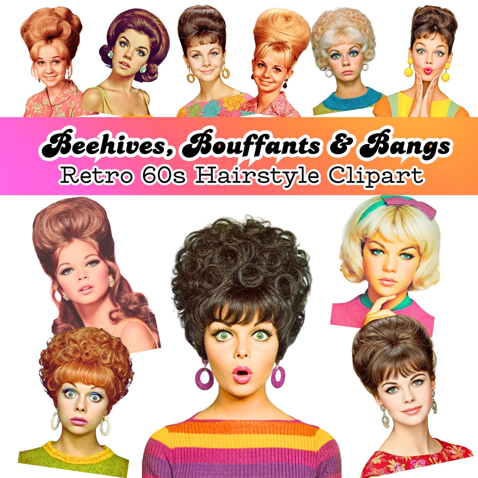 Retro 60s Hairstyles Clipart Bouffant Beehive 17 Pngs • Transparent ...