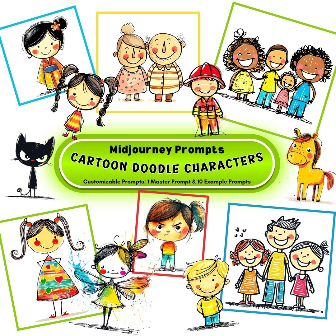 Midjourney Prompts Kids Doodle Clipart, Stick Figures, Cartoon Prompts ...