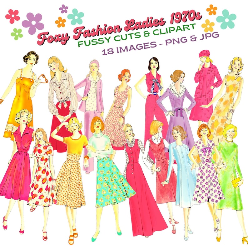 1970s Fashion Ladies Vintage Fussy Cuts Clipart Retro 70s Ephemera ...