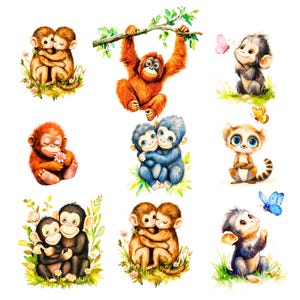 Cute Funny Monkey Clipart Watercolor Gorilla Chimpanzee Lemur Orangutan ...