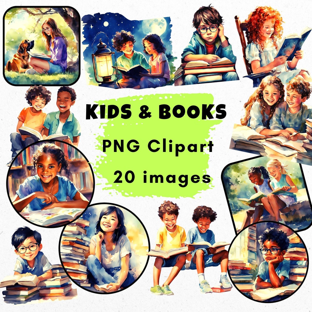 Kids Reading Books Watercolor Clipart: Back to School PNG (digital ...