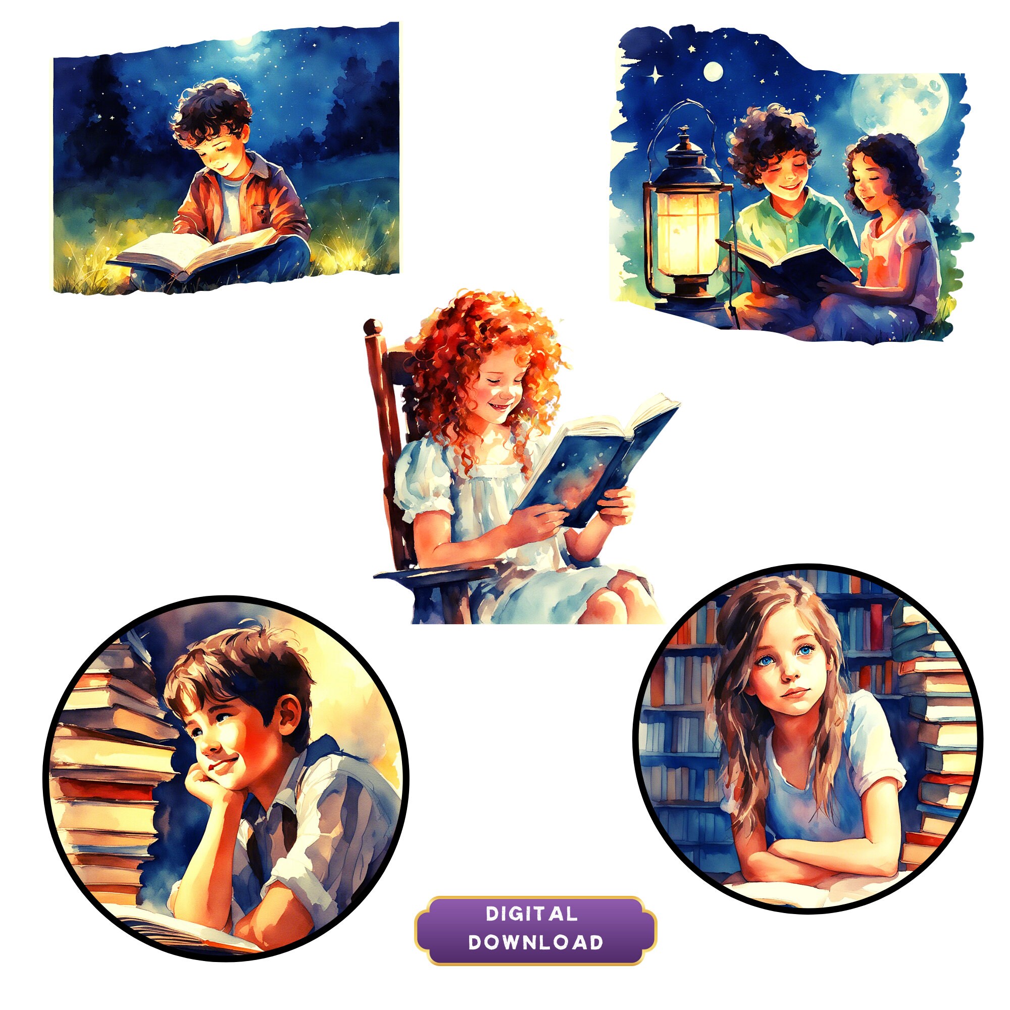 Kids Reading Books Watercolor Clipart: Back to School PNG (digital ...