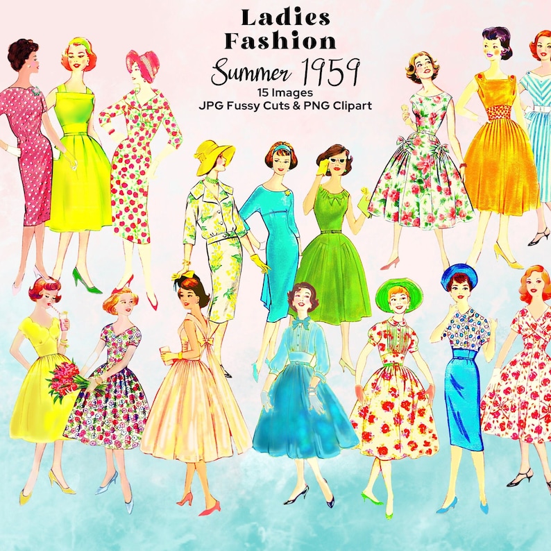 1950s Summer Fashion Clipart: Retro Ladies Ephemera (digital Download ...