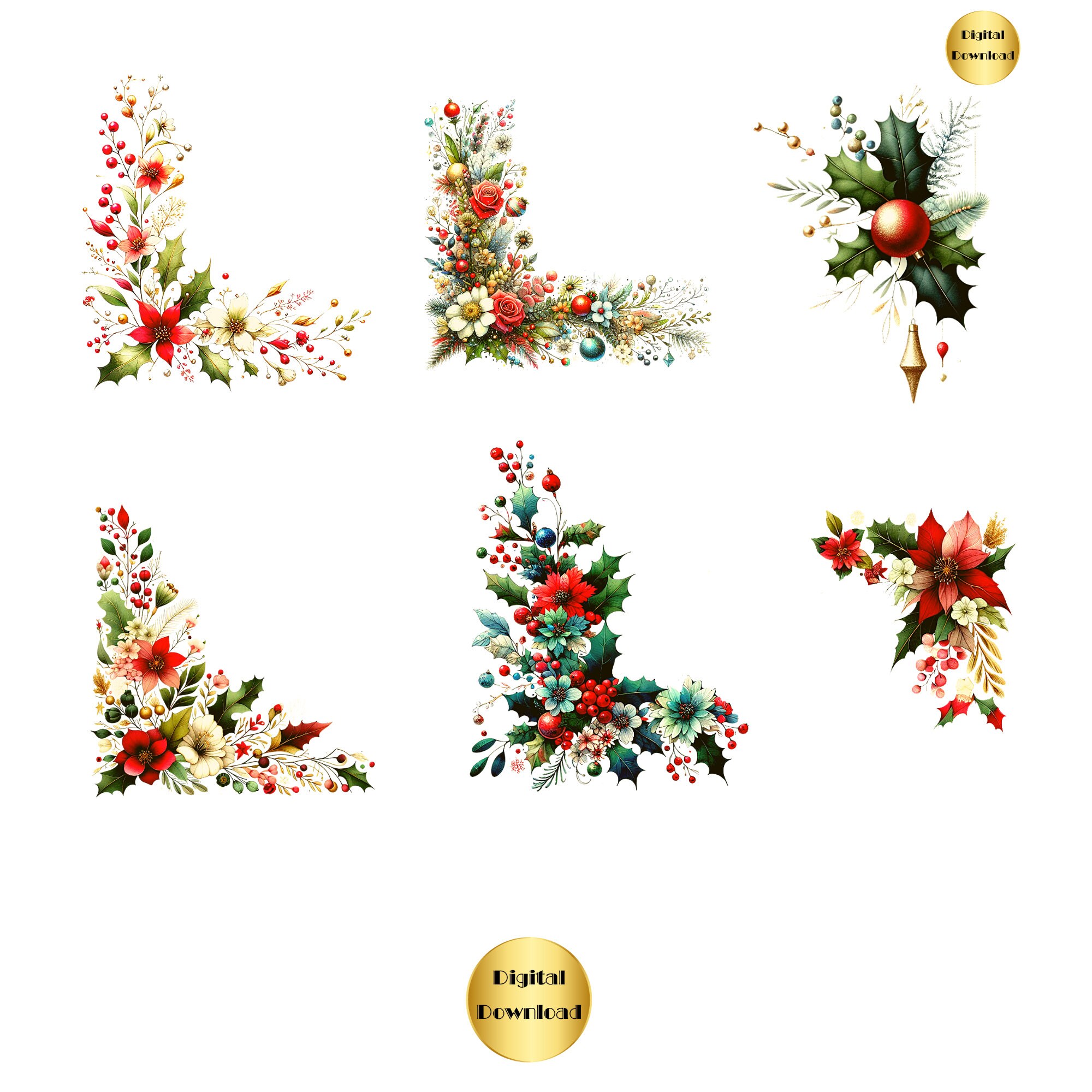 Christmas Floral Corner Clipart: Watercolor Flower PNG Graphics ...