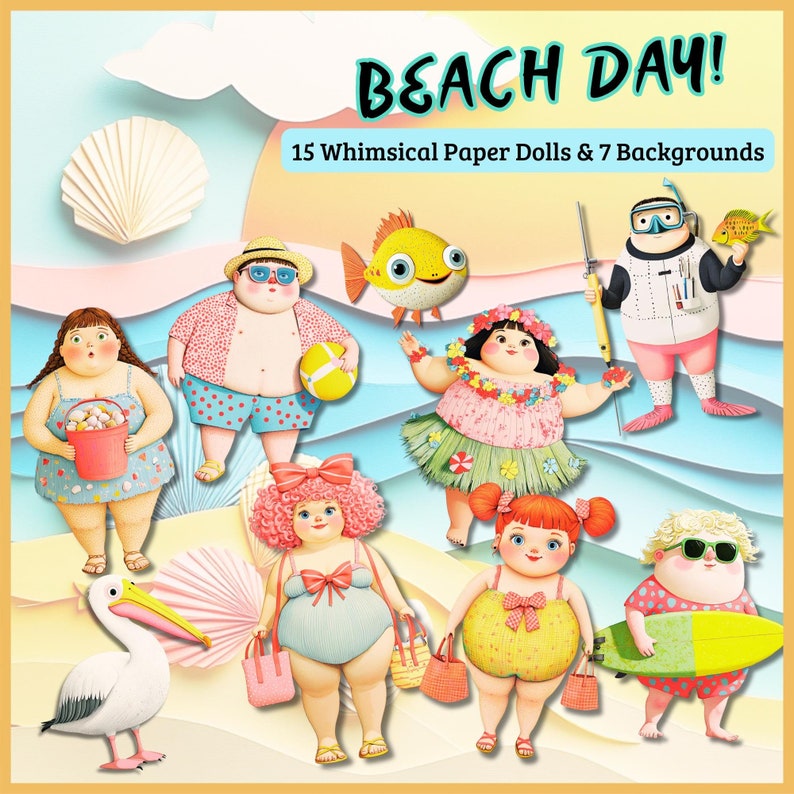 Beach Paper Dolls Clipart: Whimsical Ocean Art, Scrapbook Kit (digital ...