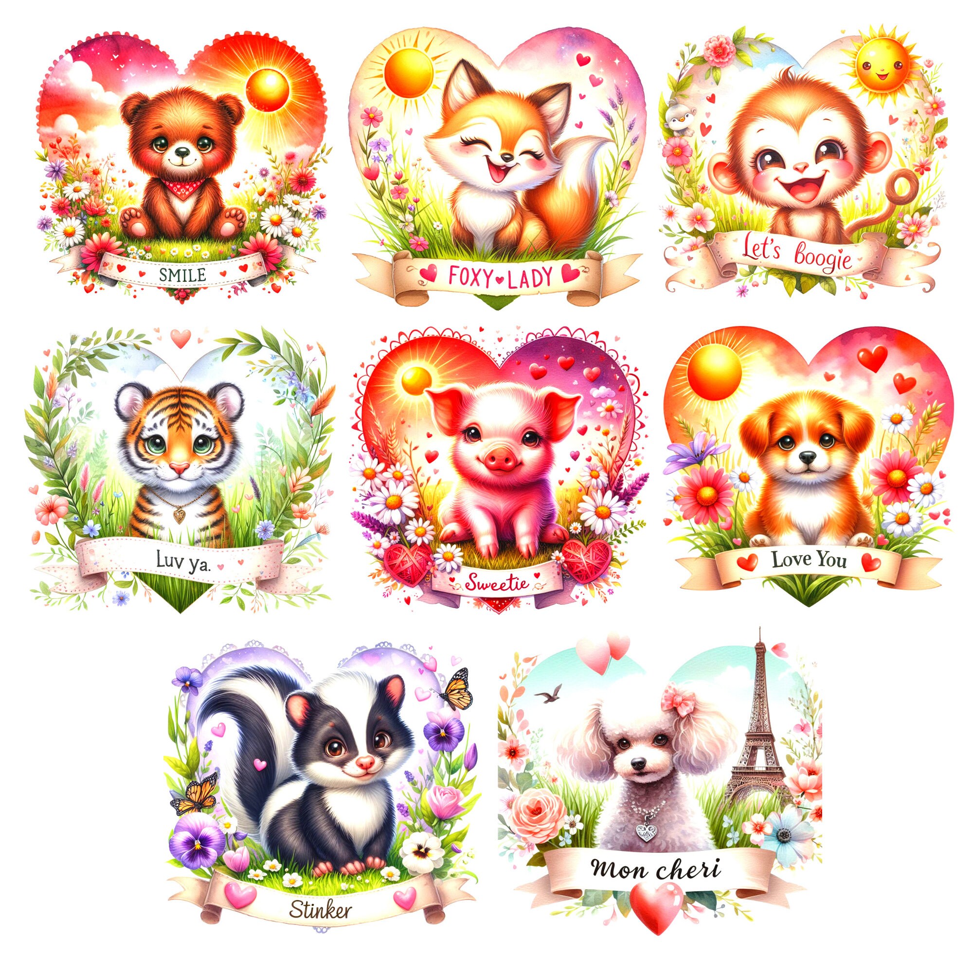Animal Valentine Clipart: Baby Animals, Hearts, Flowers (PNG, JPG ...