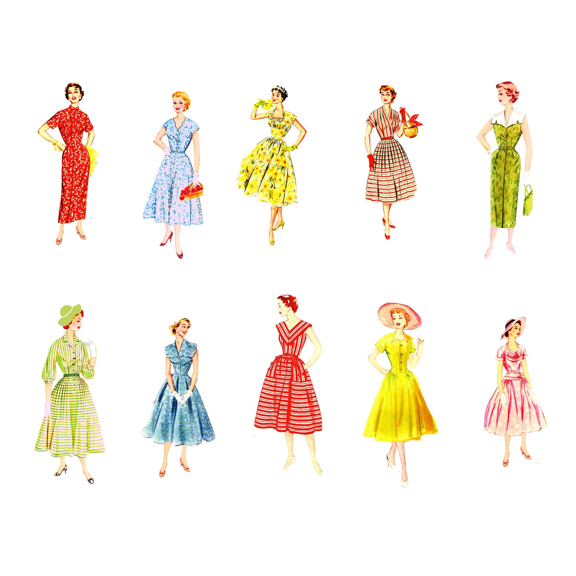 1950s Fashion Clipart: Vintage Women Printable, Scrapbook Collage ...