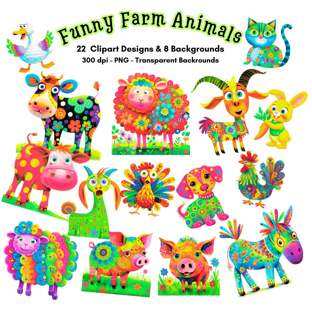 Whimsical Farm Animals Clipart Cute Quirky Funny Colorful Stickers ...