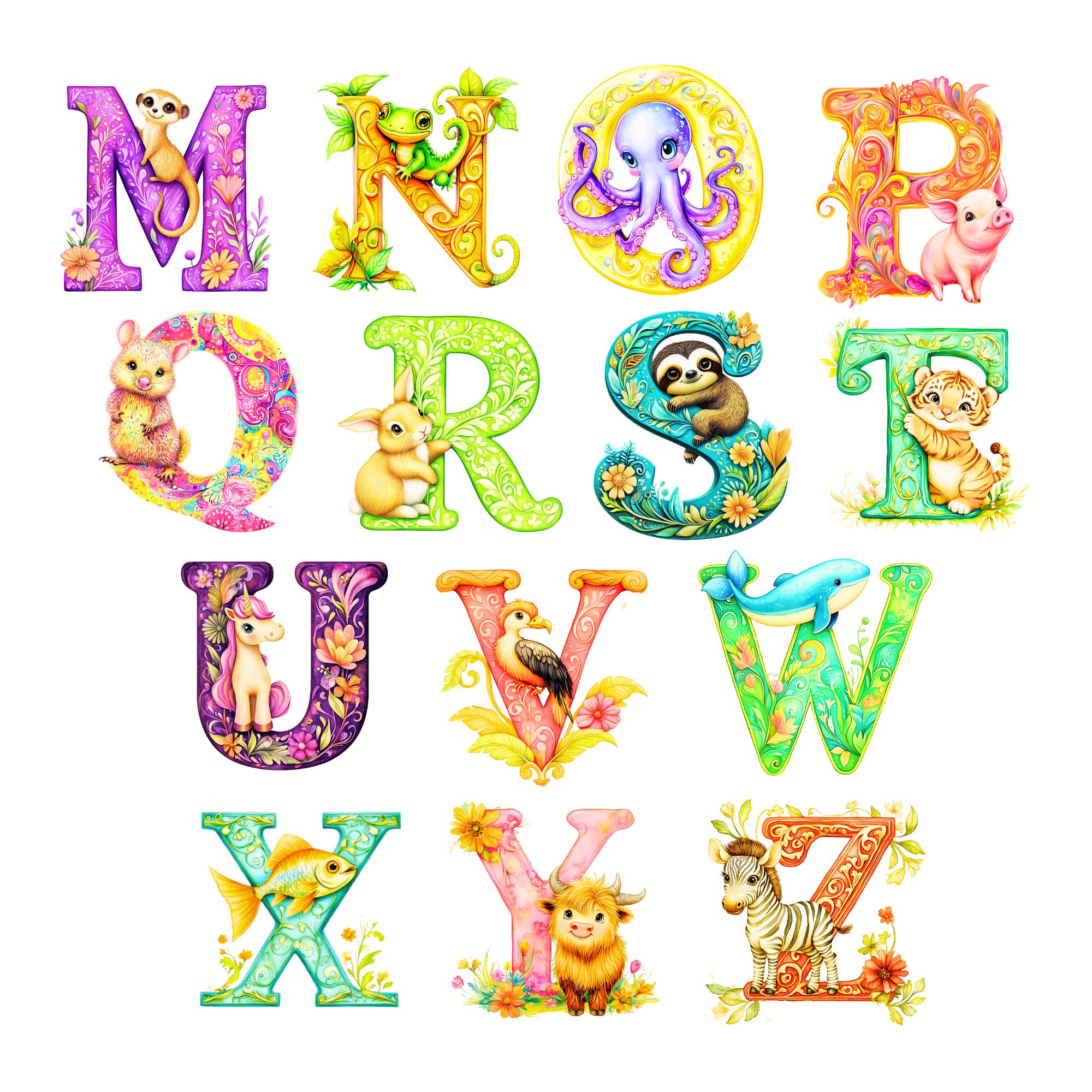 Baby Animal Alphabet Watercolor Clipart: A-Z Nursery Letters (digital ...