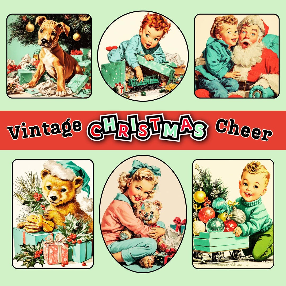 Vintage Christmas Clipart: Retro Holiday Illustrations (PNG, Commercial ...