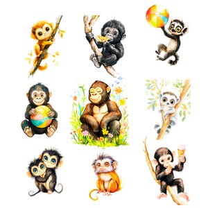 Cute Funny Monkey Clipart Watercolor Gorilla Chimpanzee Lemur Orangutan ...