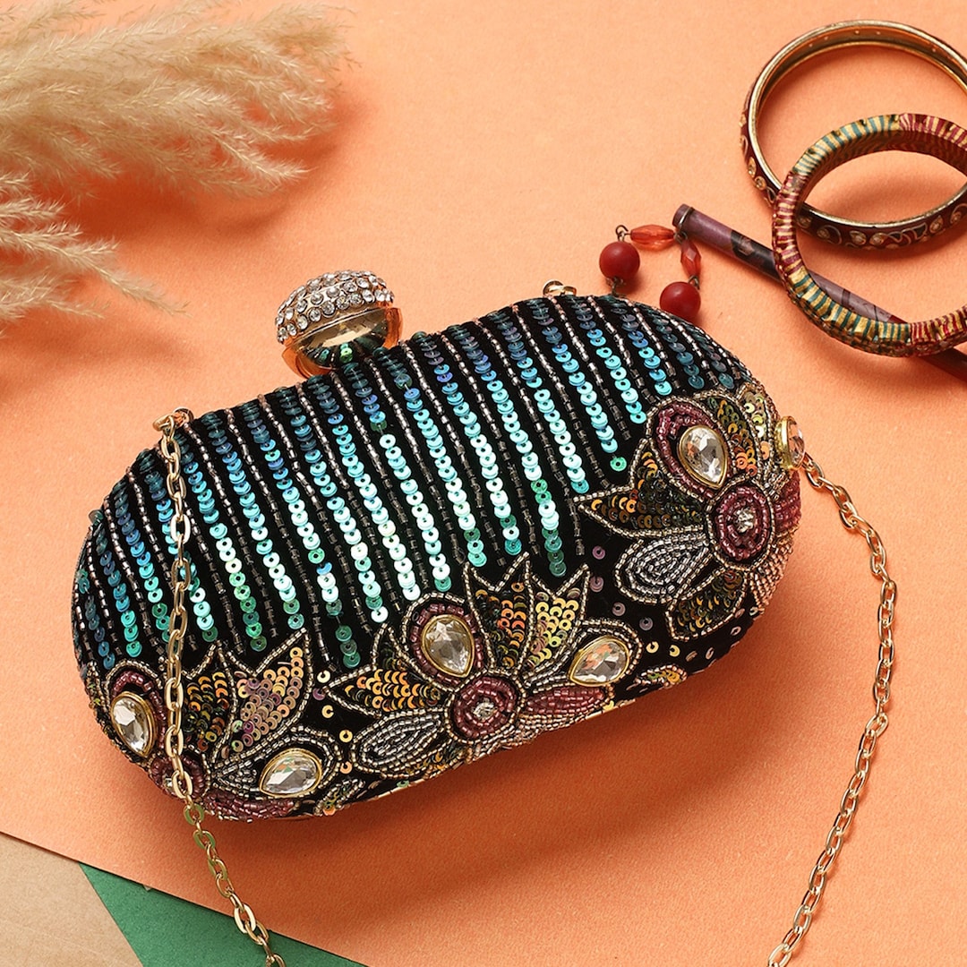 Designer Oval Clutch in Sequence and Embroidery Work,clutch Purse for ...