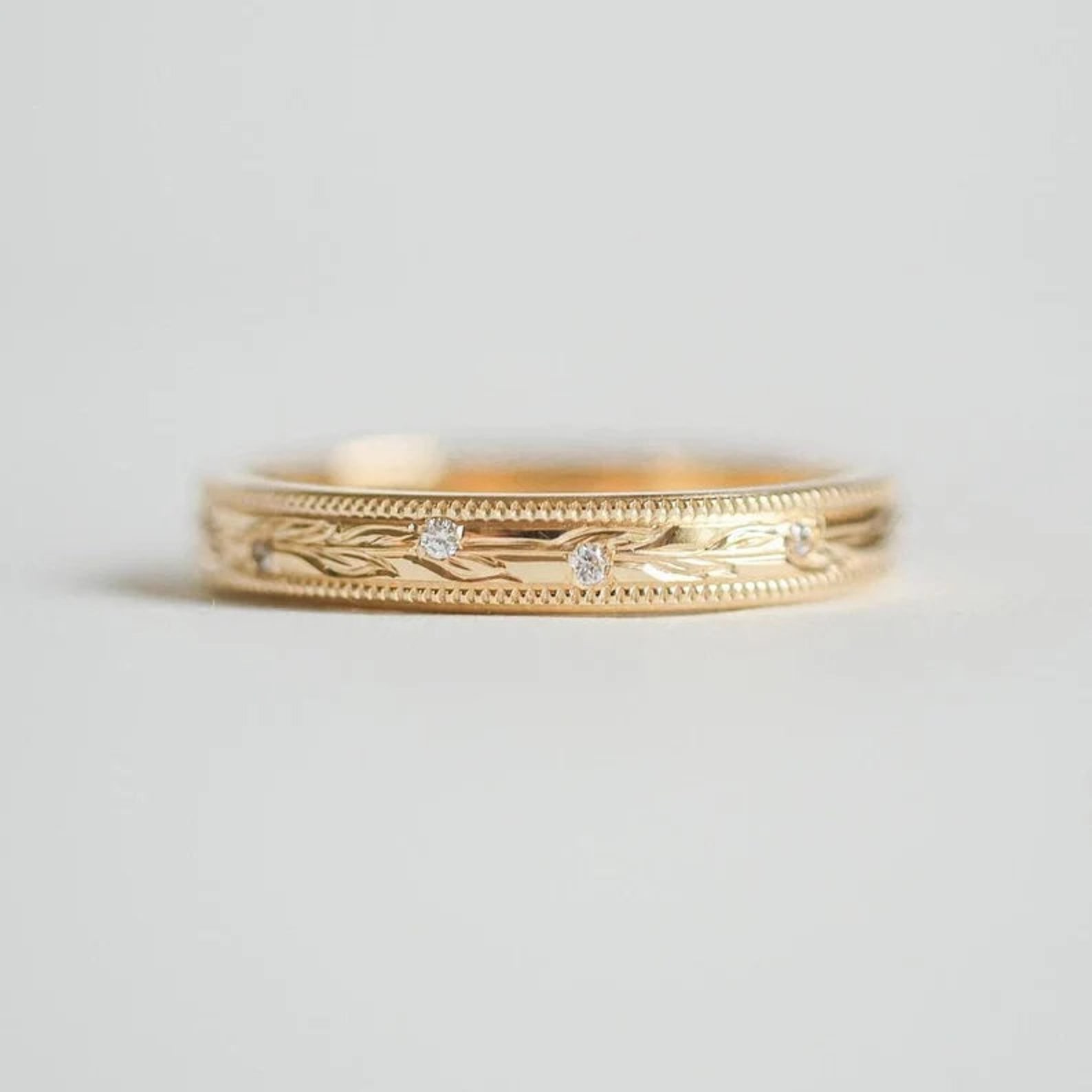 Filigree Milgrain Edge Floral Design Wedding Ring, 14k Plain Gold Ring ...