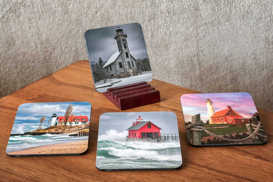 Michigan Lighthouses Photo Coasters - Set of Four With Holder - Etsy