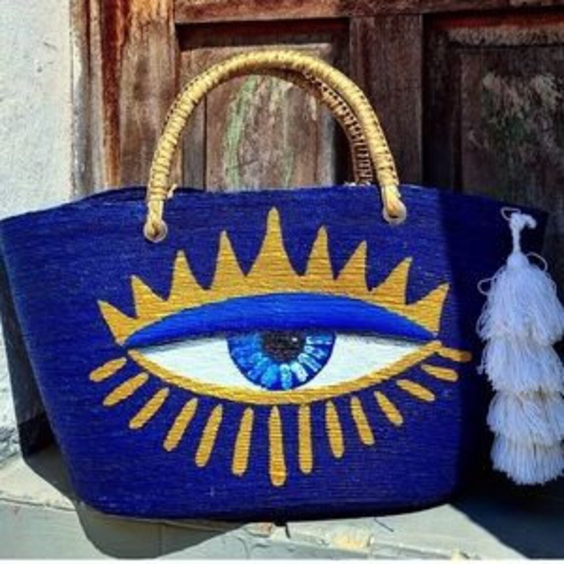 Evil Eye Tote Hand Painted Deep Blue - Etsy
