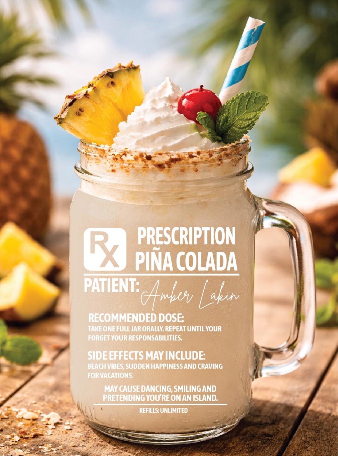 Personalized Piña Colada Mason Jar Mug, Custom Prescription Cocktail ...