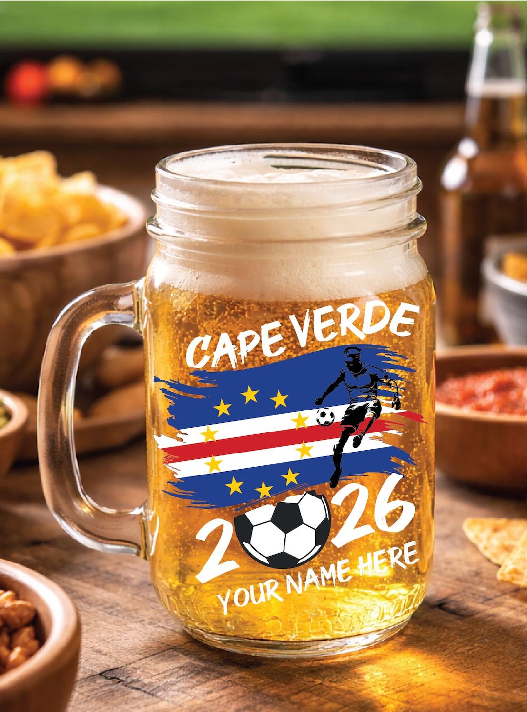 Cape Verde Soccer Beer Mug 2026 With Name, Custom Football Mason Jar ...