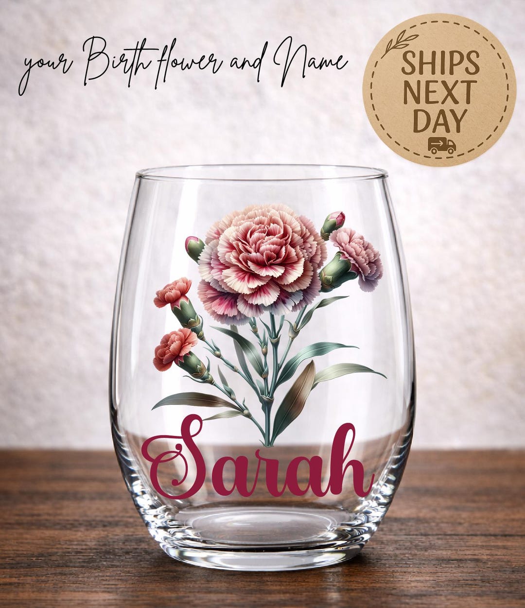 Personalized Birth Flower Wine Glass | Custom Name Birth Month Flower ...