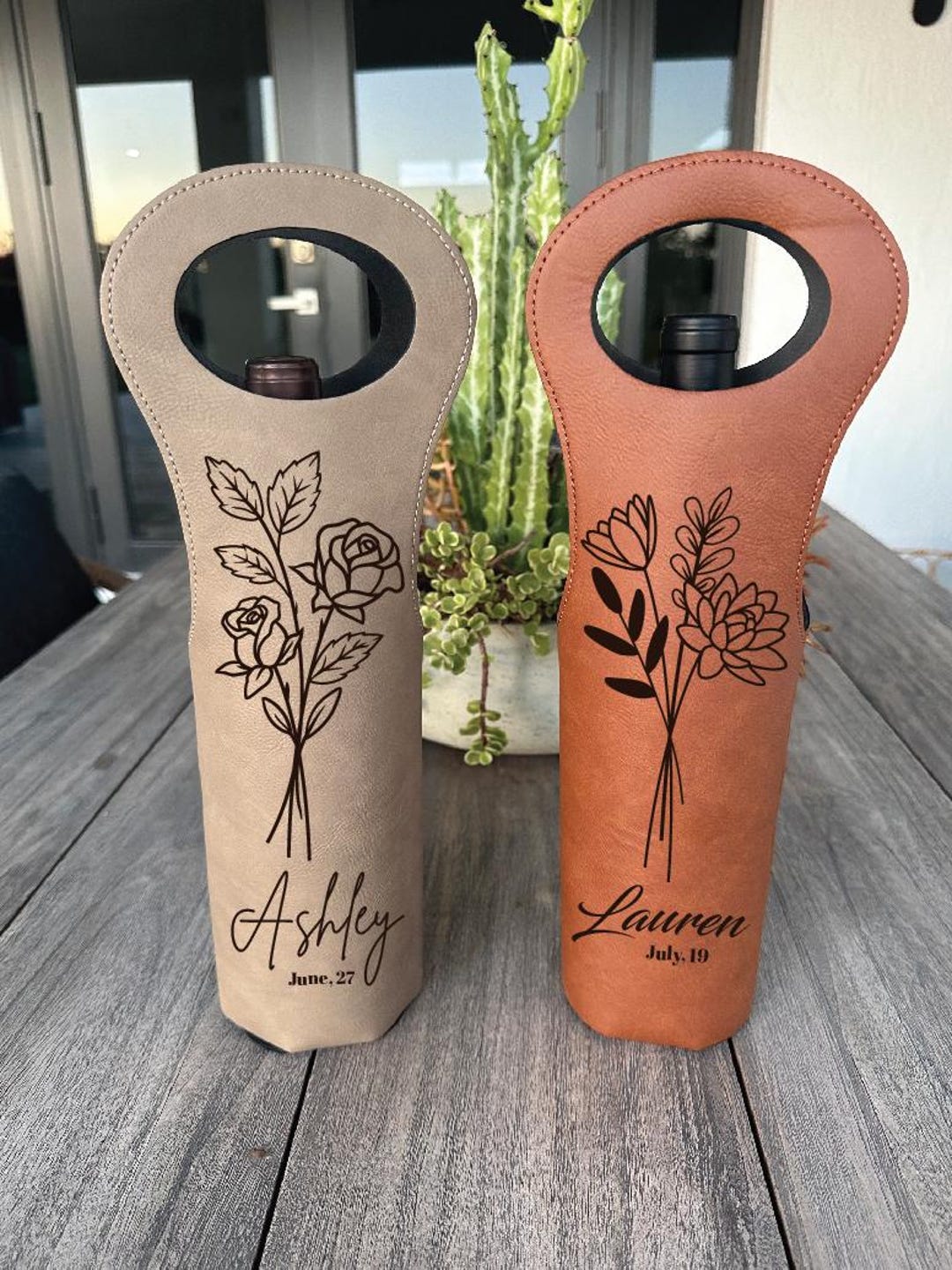 Birth Flower Wine Bag, Engraved Wine Bag, Custom Wine Bag, Leather Wine ...