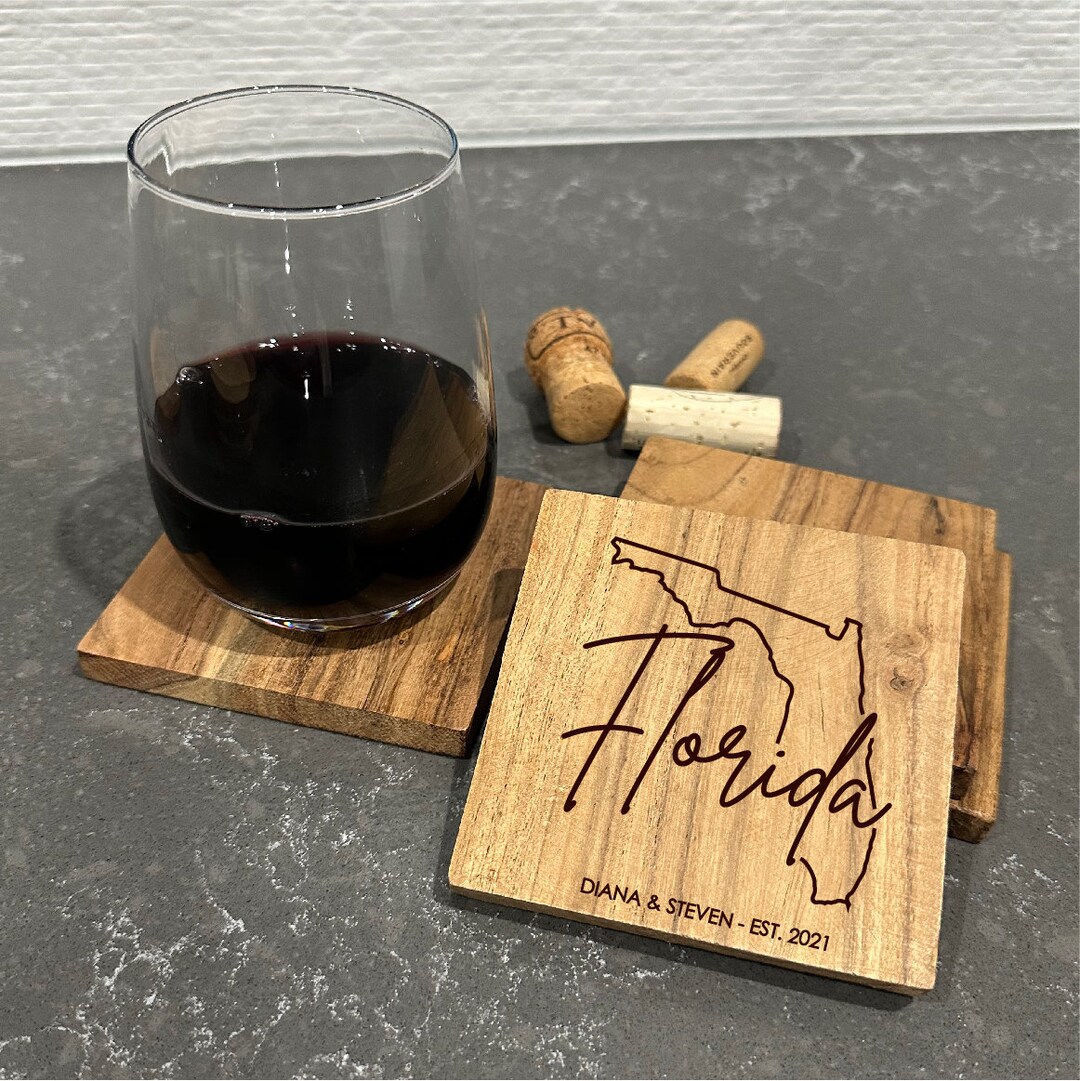 Engraved Wood Coasters: Custom State Map, Personalized Coasters (set of ...