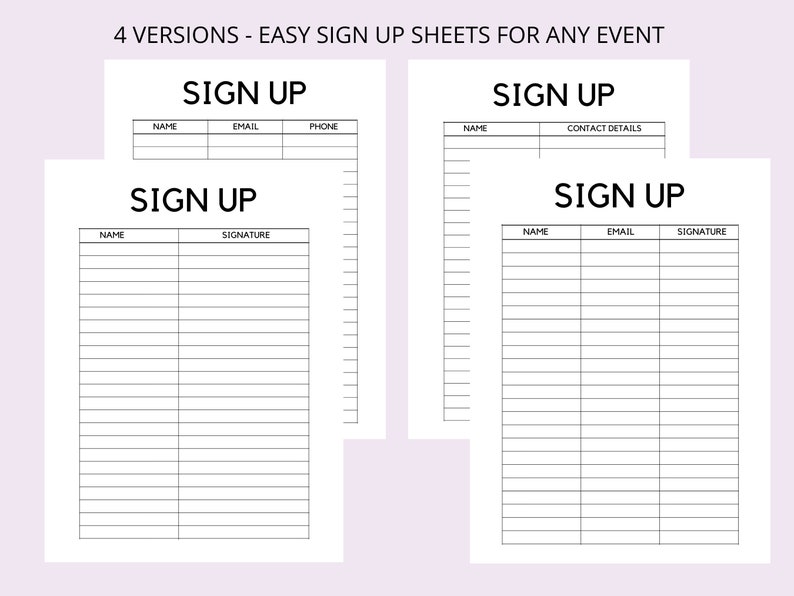Minimalist Sign up Sheet, 4 Email Sign up Forms, PRINTABLE Sign Up ...