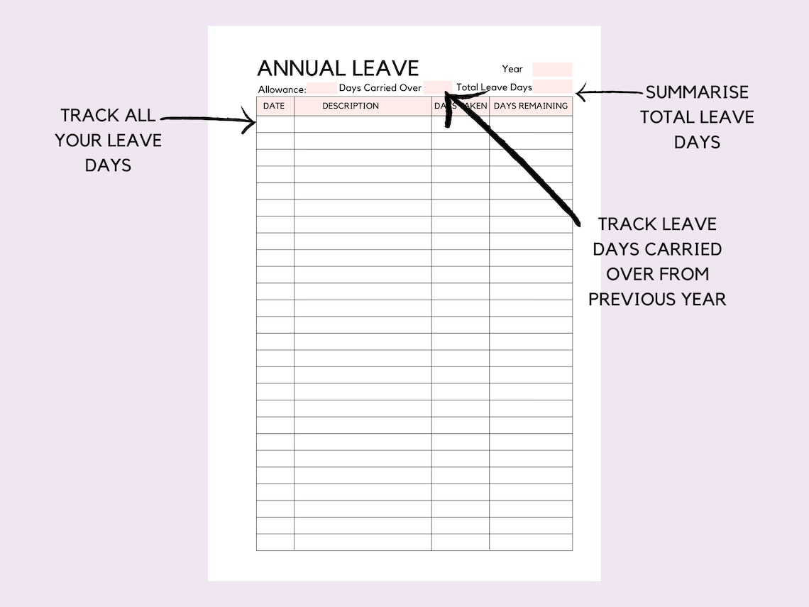 Annual Leave Tracker Printable, Holiday Tracker, Time off Log, Vacation ...