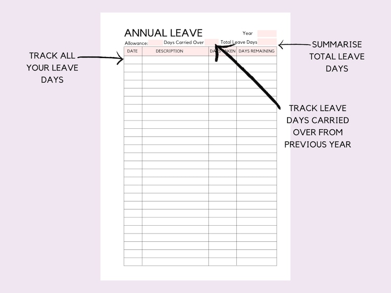 Annual Leave Tracker Printable, Holiday Tracker, Time off Log, Vacation ...