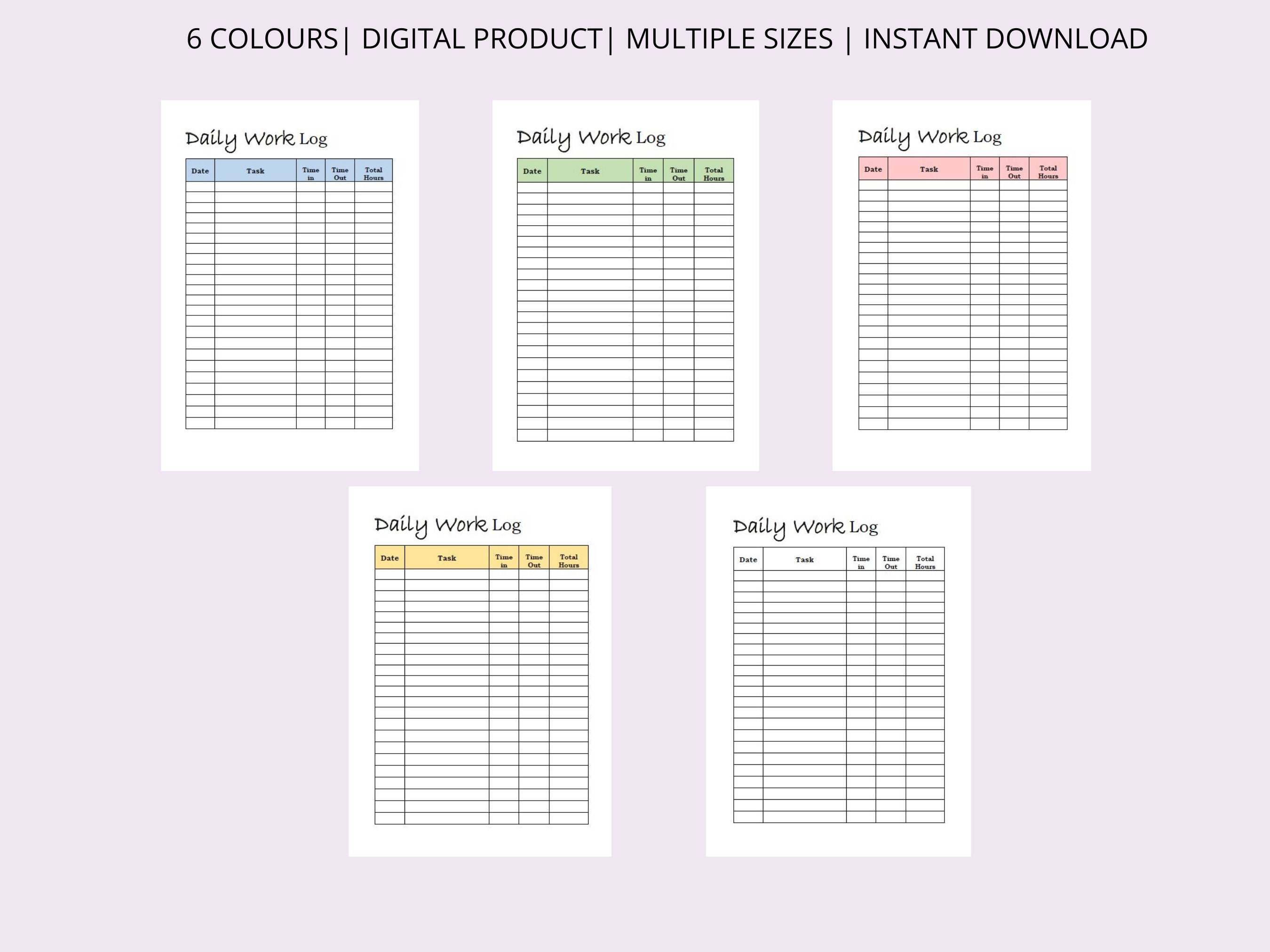 Daily Work Log Printable, Time Spent Tracker, Time Log, Working Hours ...
