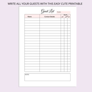 Guest List Event List Printable Event RSVP Tracker Party Invitation ...