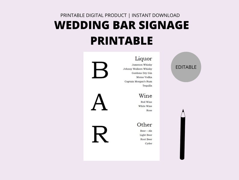 Editable Wedding Bar Signage Template Drinks Log Open Bar - Etsy