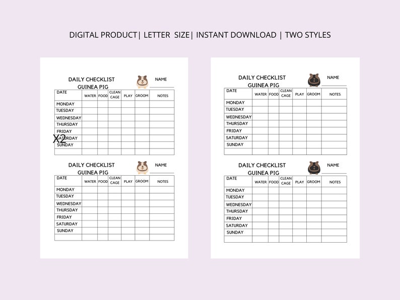 Guinea Pig Daily Checklist, Care Planner, Diet Tracker, Guinea Pig ...