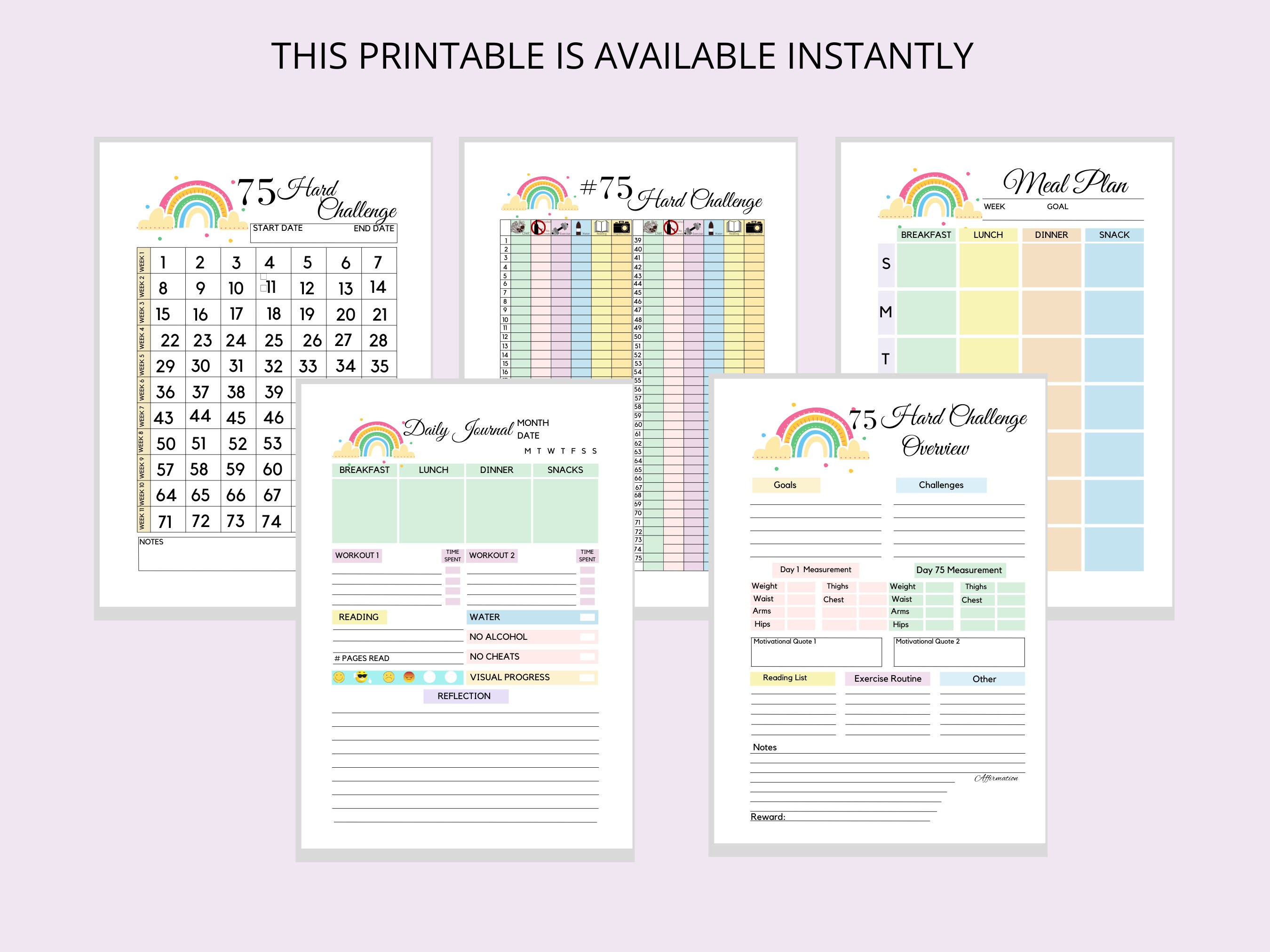 75 Hard Challenge Tracker Bundle, 75 Day Printable, Fitness Journal ...