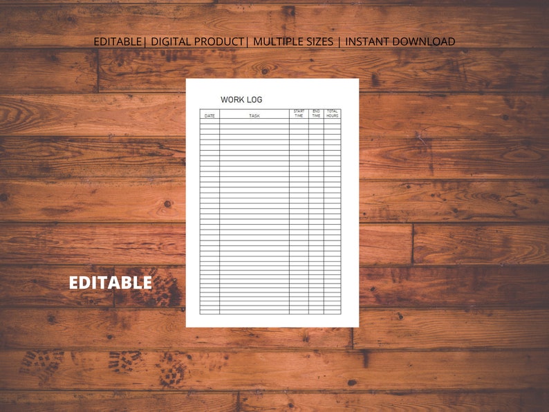 Editable Work Log Printable, Time Spent Tracker, Timelog, Working Hours ...