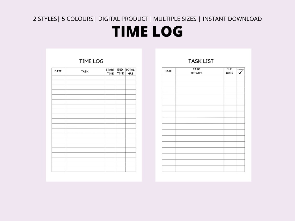 Time Log Printable Time Spent Tracker Work Log Working | Etsy