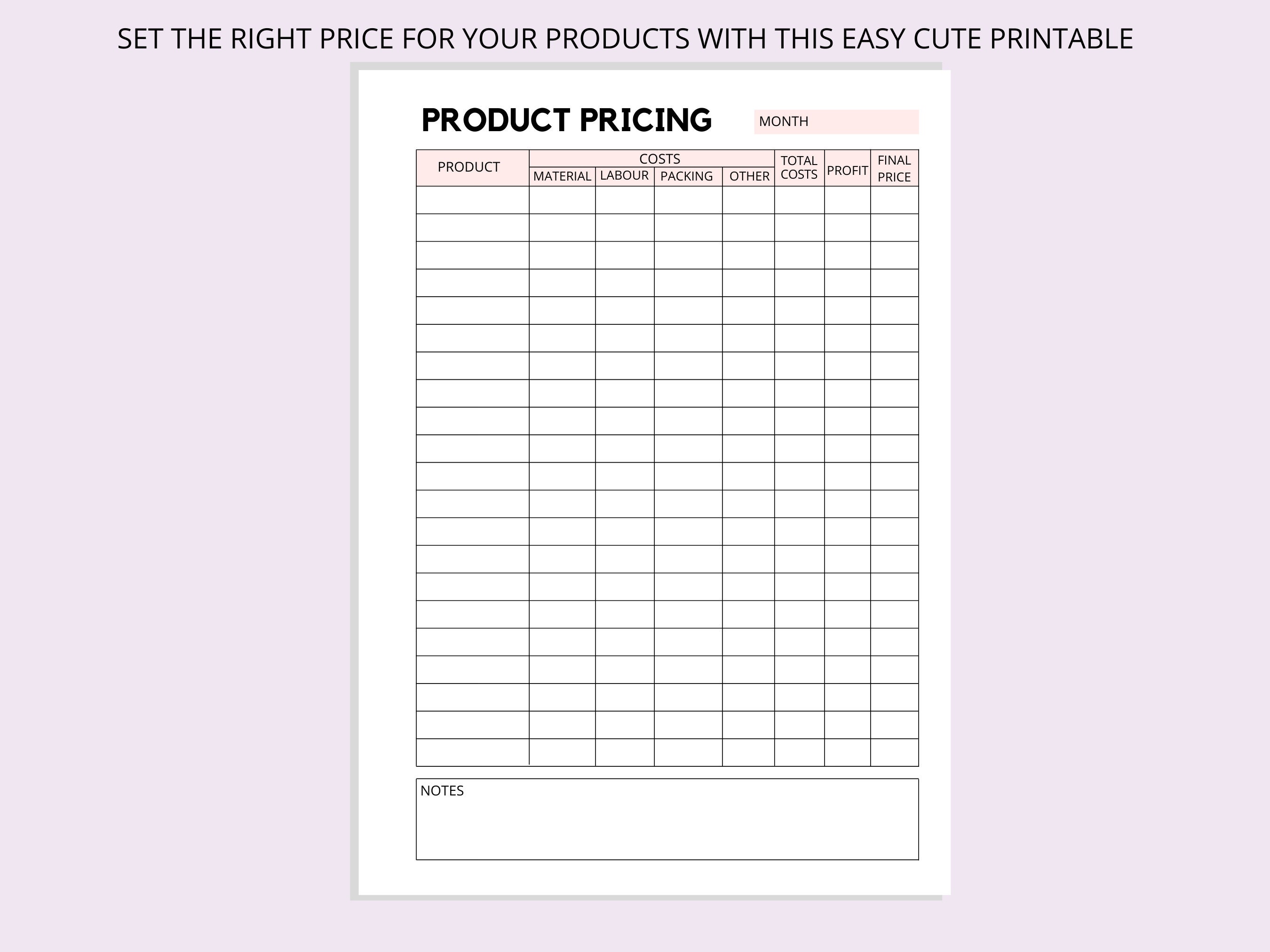 Product Pricing Printable, Item Pricing, Small Business Product Price ...