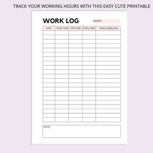 Work Log Printable Time Spent Tracker Time Log Working | Etsy
