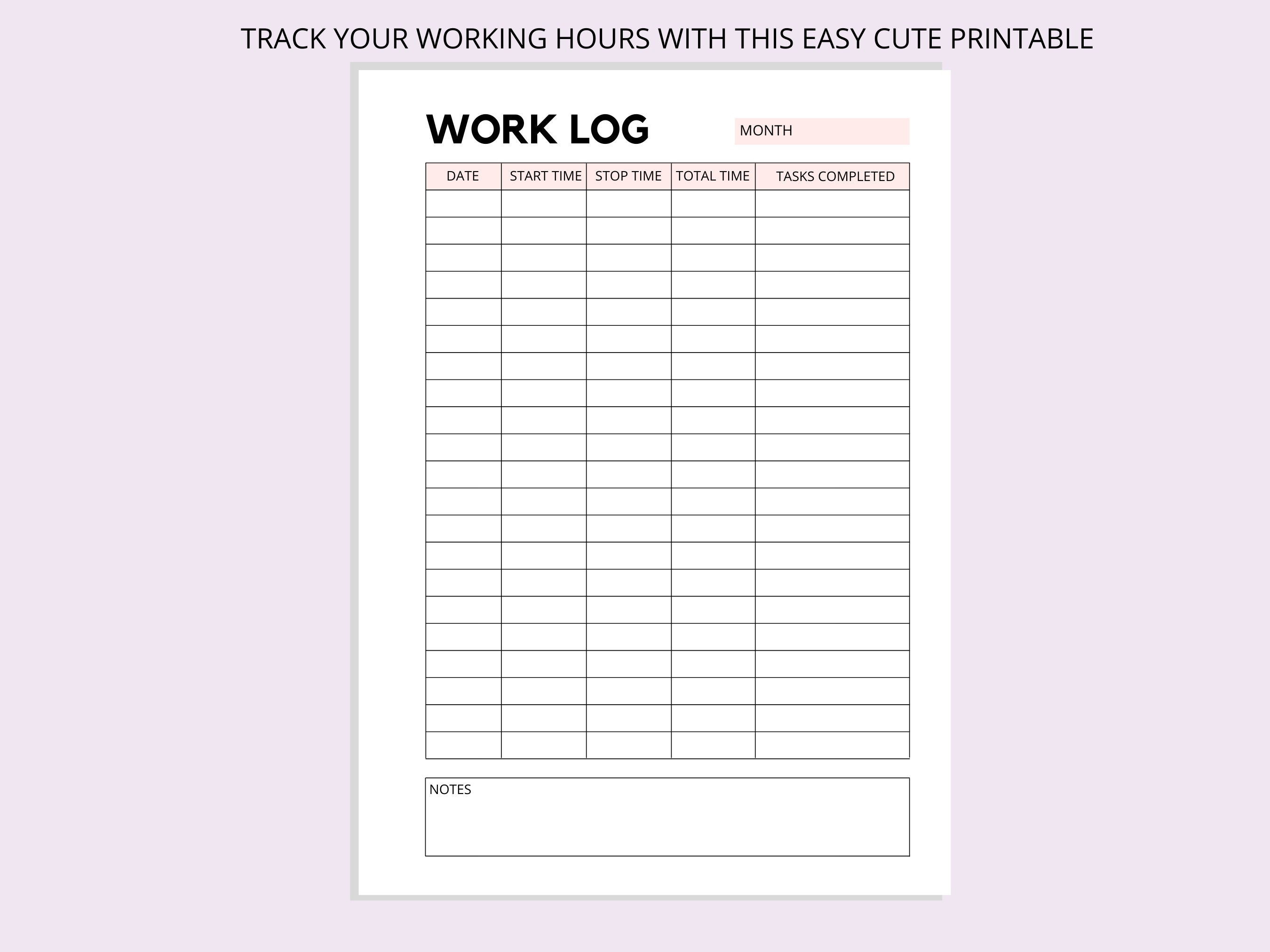 Work Log Printable, Time Spent Tracker, Time Log, Working Hours, Work ...