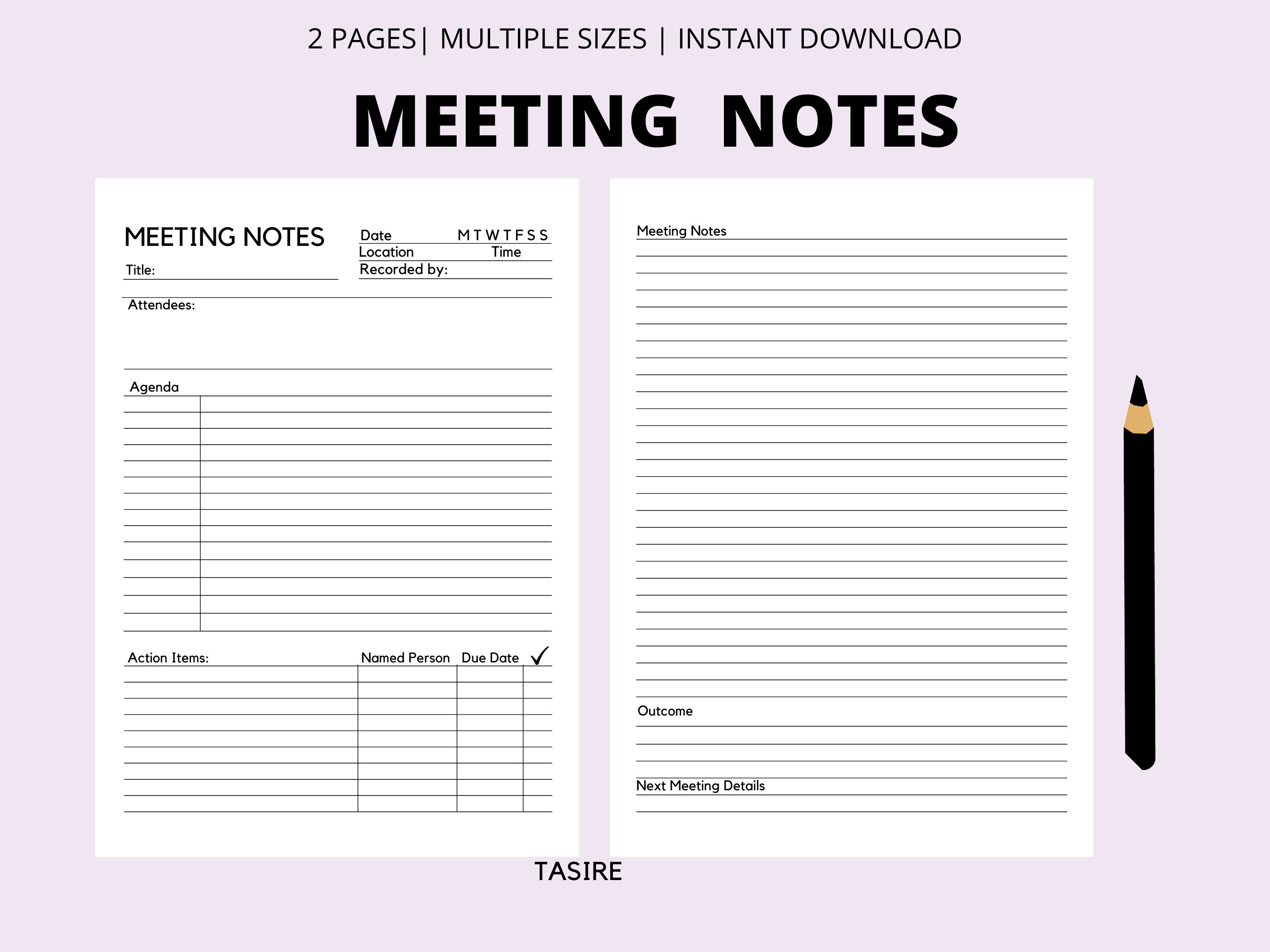 Meeting Notes Printable Meeting Minutes Printable Work - Etsy