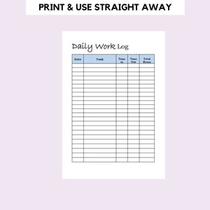 Daily Work Log Printable, Time Spent Tracker, Time Log, Working Hours ...