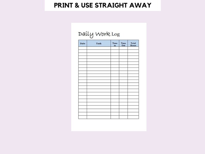Daily Work Log Printable, Time Spent Tracker, Time Log, Working Hours ...