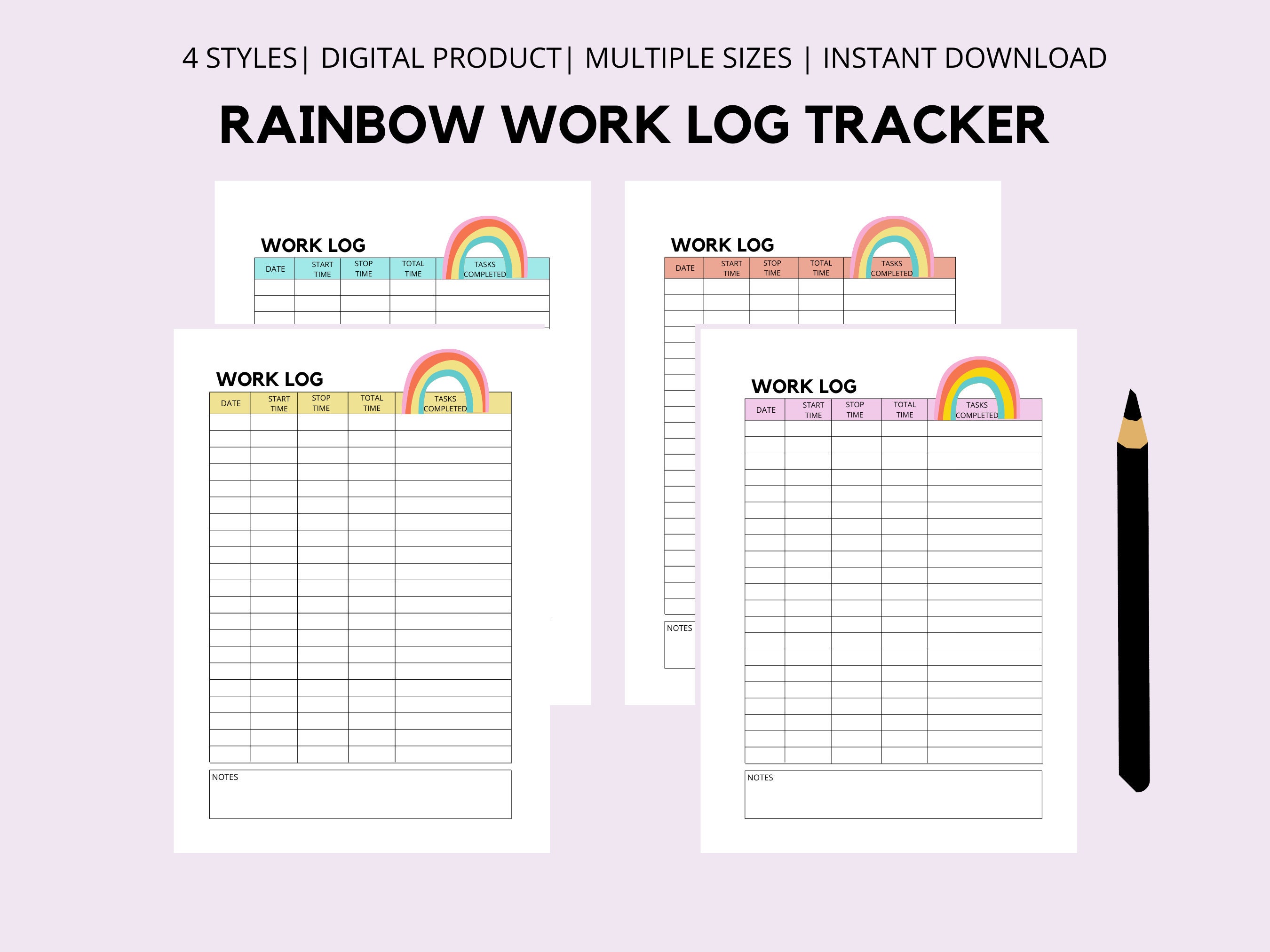 Rainbow Work Log Printable, Time Spent Tracker, Time Log, Working Hours ...