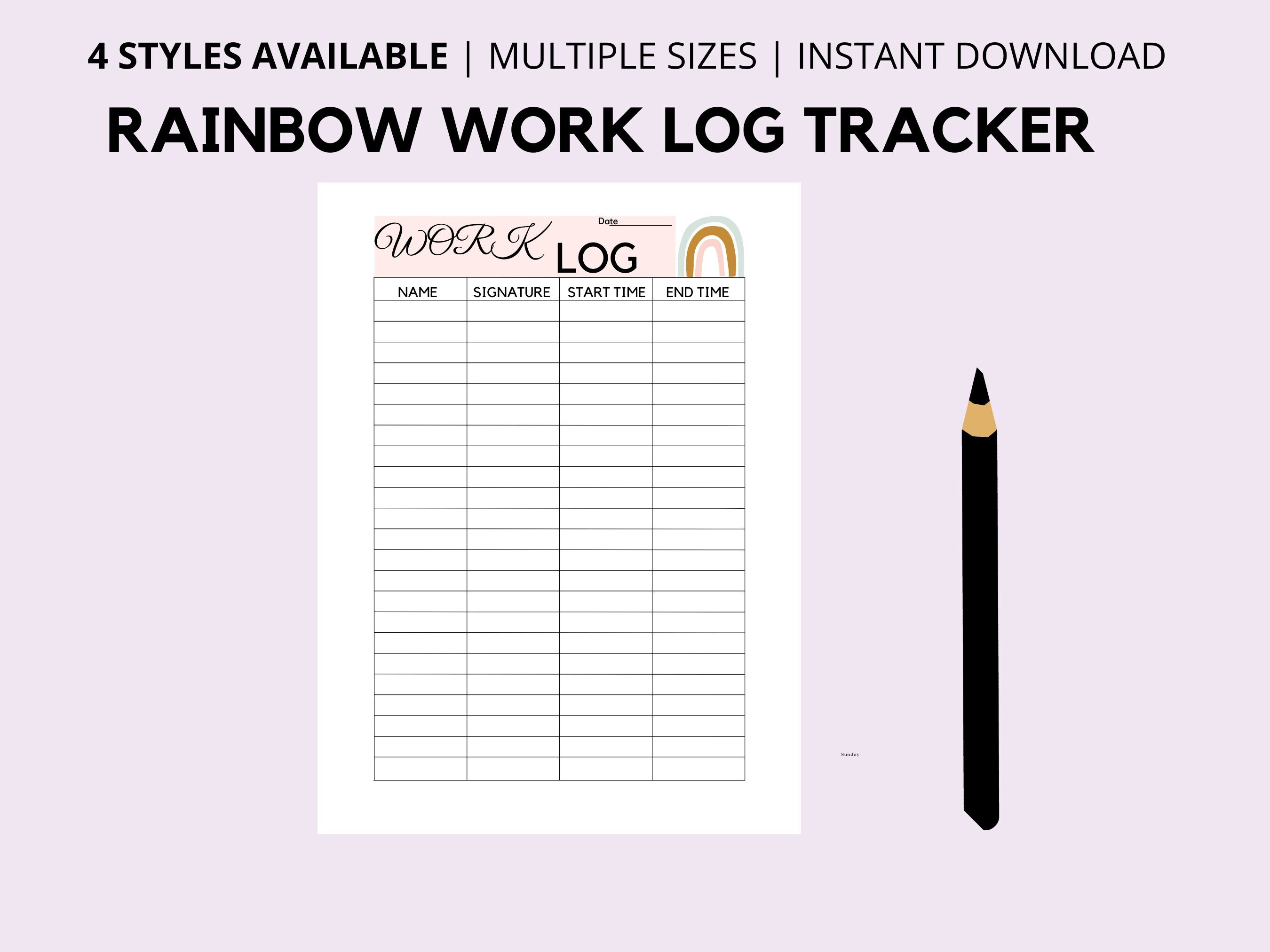 Rainbow Work Log Printable, Time Spent Tracker, Time Log, Working Hours ...