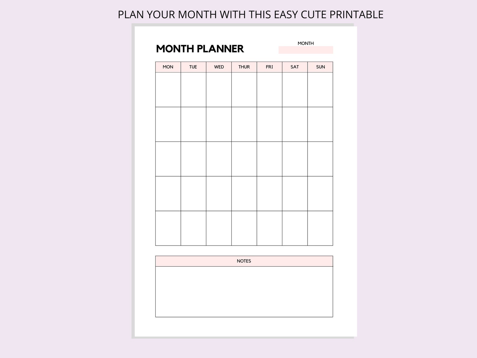 Monthly Planner, Printable Digital Download Blank Calendar, Minimalist ...