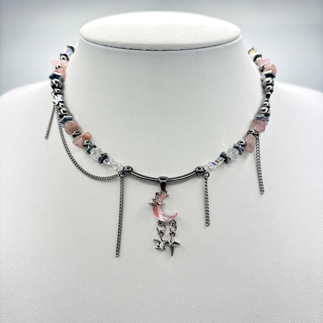 Pink Crescent Moon and Stars Pendant Necklace. Cutecore Beaded Rose ...