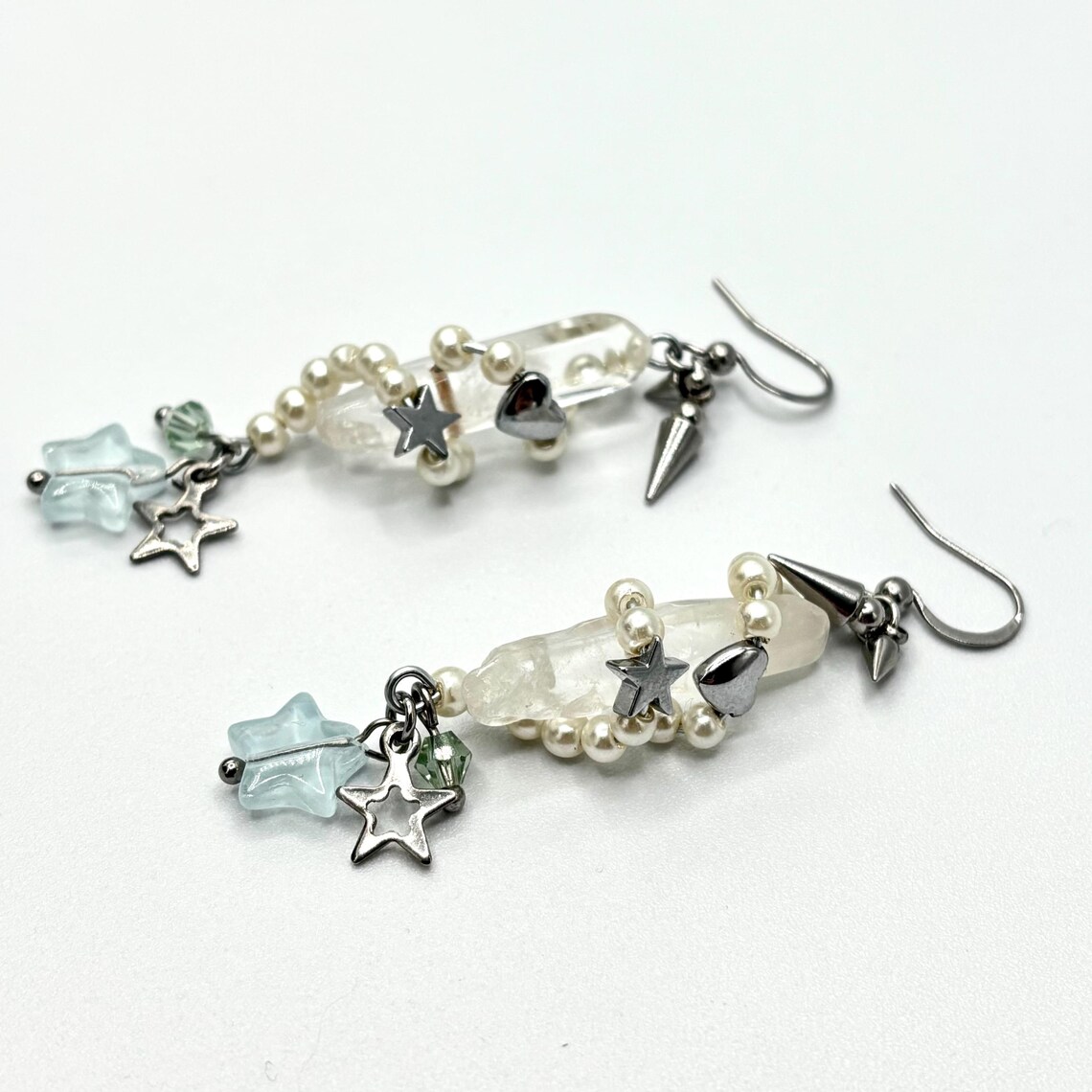 Pearl and Quartz Point Beaded Earrings With Spikes. Ethereal Hematite ...