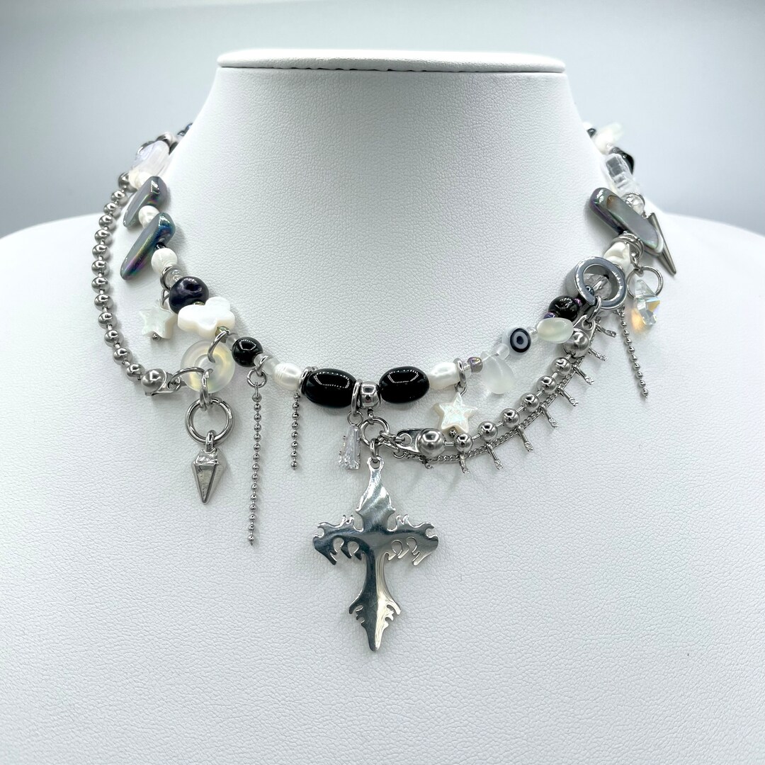Unique Cyber Y2k Necklace With Tribal Cross. Gothic Punk Pearl Jewelry ...