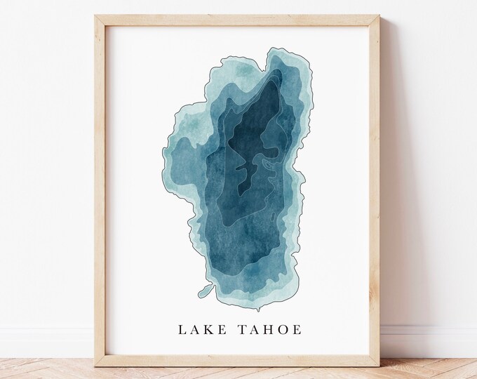 Lake Tahoe Bathymetry, Watercolor Map Lake Tahoe, Lake Tahoe Wall Art ...