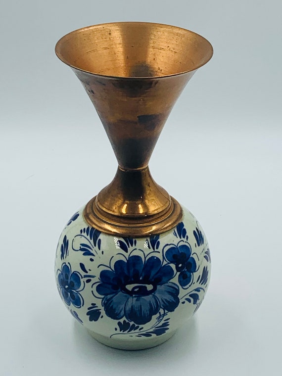 Delftware Hand Painted With Brass Accents Vase - Etsy